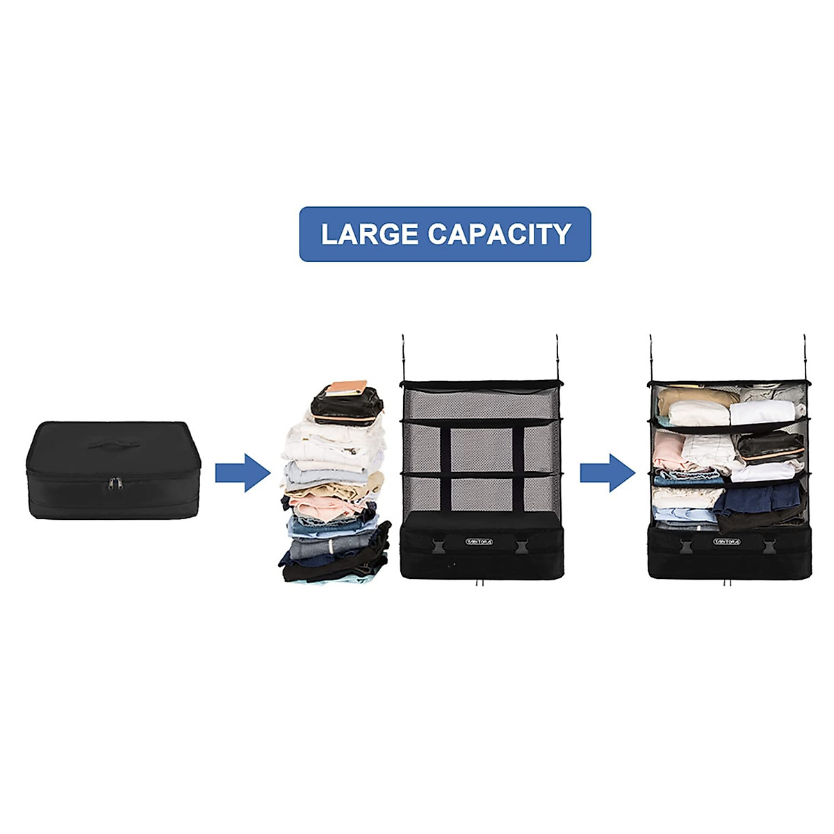 TABITORA Portable Hanging Travel Shelves Bag Packing Cube Organizer Suitcase Storage Large Capacity (Grey L)