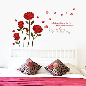 Flowers Rose Wall Stickers, Removable Romantic Wall Stickers Murals, Beautiful Red Rose Wall Decals for Living Room Bedroom TV Background Kids Girls Rooms Decoration (48 x 30inch)