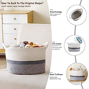 JIA QAQ Square Cotton Rope Samll Baskets With Handles for Nursery, Toys, Household, Handcrafted Woven Gift Baskets for Storage and Organization,13.5x11x9.5inch (white-grey)