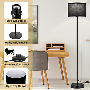 LED Floor Lamp Simple Design, Modern Standing Lamp with Shade,Tall Lamp for Living Room Bedroom Office Study Room, Black Pole Lights with Foot Switch, White Stand Up Lamp Fabric, E26 Base