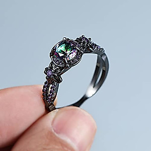 Tsnamer Gothic Black Rings for Women, Mystic Rainbow Topaz with Created Amethyst Flower Goth Black Gold Wedding Engagement Ring Size 6 to 11
