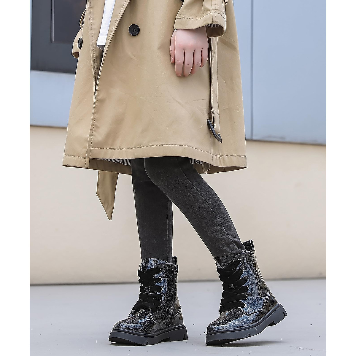 DADAWEN Boys Girls Glitter Ankle Boots Lace Up Waterproof Combat Shoes With Side Zipper for Toddler/Little Kid/Big Kid Black Glitter US Size 2 M Little Kid