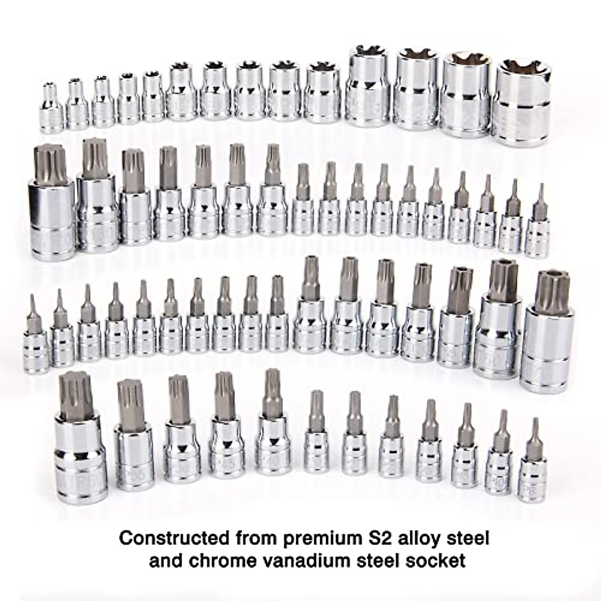 CASOMAN Master Torx Bit Socket and External Torx Socket Set, 60-Piece Set, S2 and Cr-V Steel，E4-E24, T6-T70,TT6-TT70,TP8-TP60