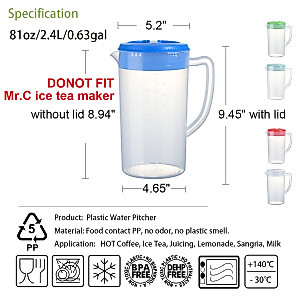 0.66 Gallon/2.5 Litre Plastic Pitcher with Lid BPA-FREE Eco-Friendly Carafes Mix Drinks Water Jug for Hot/Cold Lemonade Juice Beverage Jar Ice Tea Kettle (Navy, 81oz)