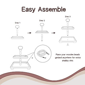 Perfnique Tiered Tray Stand, White Wooden 2 Tier Tray with 58in Wood Bead Garland, Serving Tray, Farmhouse Rustic Home Kitchen Decor, Morden Decorations Set for Shelf Coffee Bar Table (White)