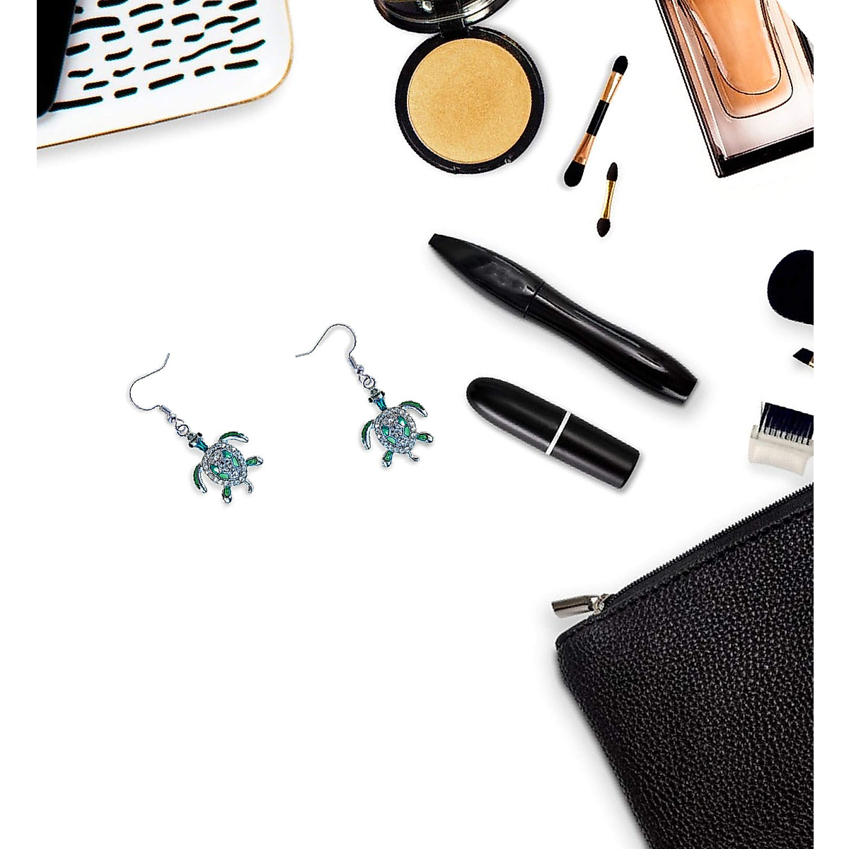 Puzzled Green Sea Turtle Sparkling Earrings - Cute Silver Fish Hook Dangle Earrings Plated in Silver Color with Zinc Alloy Dangling Charm Sparkly Pendant, Elegant Silver Earrings