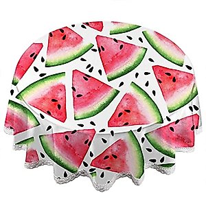 Red Pink Watermelon Round Tablecloth with Lace Trim Spring Summer Tablecloths Polyester Table Cover Waterproof Wipeable Table Cloth Linen for Kitchen, Fits Tables 60 inch Diameter