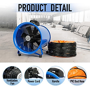 520W/12inches Utility Blower,3350 r/min High Velocity Low Noise Portable Ventilator Exhaust Fan with 33ft PVC Flexible Duct Hose, Heavy Duty Cylinder Fan for Home,Workplace Fume Exhaust & Ventilation