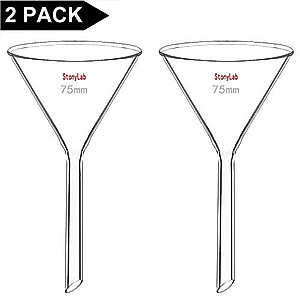 StonyLab 2-Pack Glass Heavy Wall Funnel Borosilicate Glass Funnel, Short Stem 75mm Diameter, 75mm Stem Length