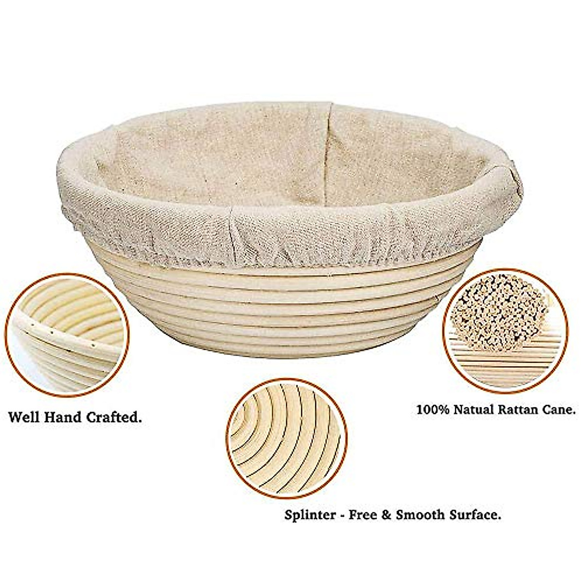 Sumshy Proofing Basket Round 25 x 8 cm Wicker Proofing Basket for 1000 g Bread Dough Lined Including Linen Inserts