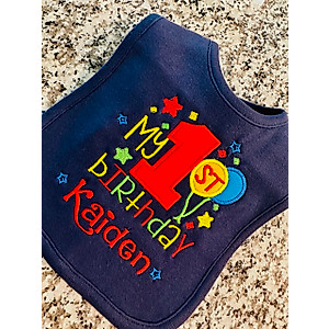 Fantasy Kids Designs First Birthday Boy Bib Personalized with Baby Name (Navy Blue Bib/Red)