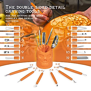 ILEBYGO Pumpkin Carving Kit,11 Pcs Stainless Steel Professional Halloween Pumpkin Carving Tools, Pumpkin Carving Set with a Skull Storage Carrying Bucket