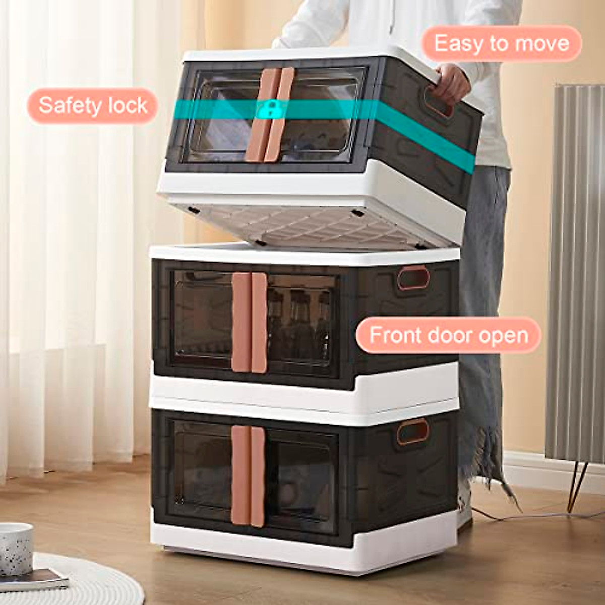 Storage Bins with Lids - Stackable Plastic Storage Bins with Wheels, Folding Box with Open Front Doors, 4 Pack Collapsible Closet Storage Box for Organizer Extremely Durable, Office Storage Cabinet