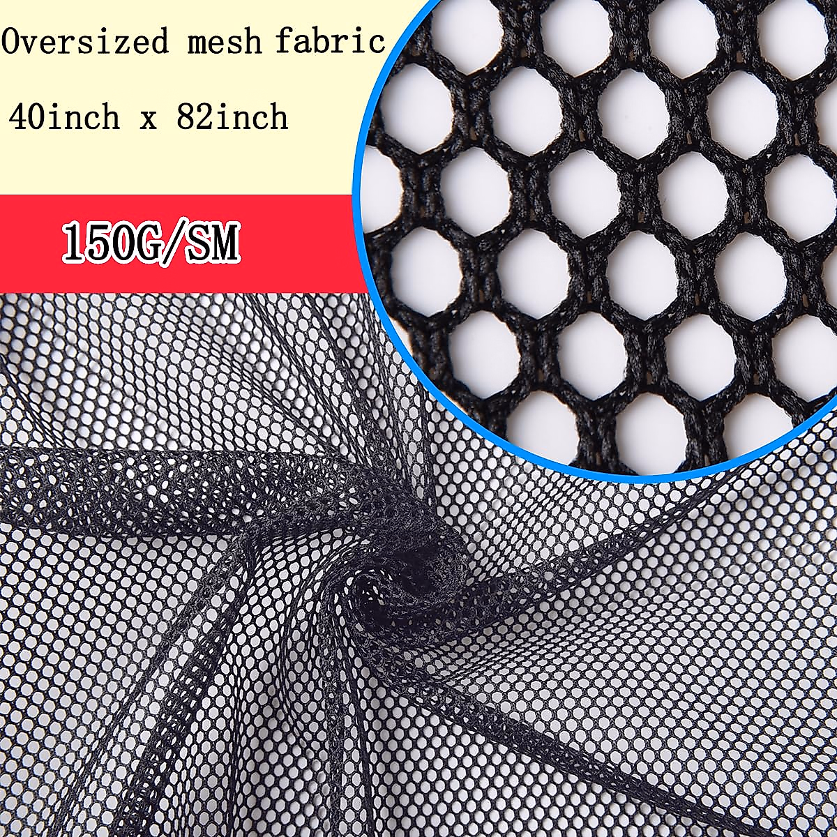 BoomSesame 150GSM Black Mesh Fabric, 40 x 82 Inch Polyester Fibre Mesh Netting Slightly Stretchy for Backpack Pocket, Straps, Netting Clothes, Netting Bag Shopping Bag and Other DIY Craft