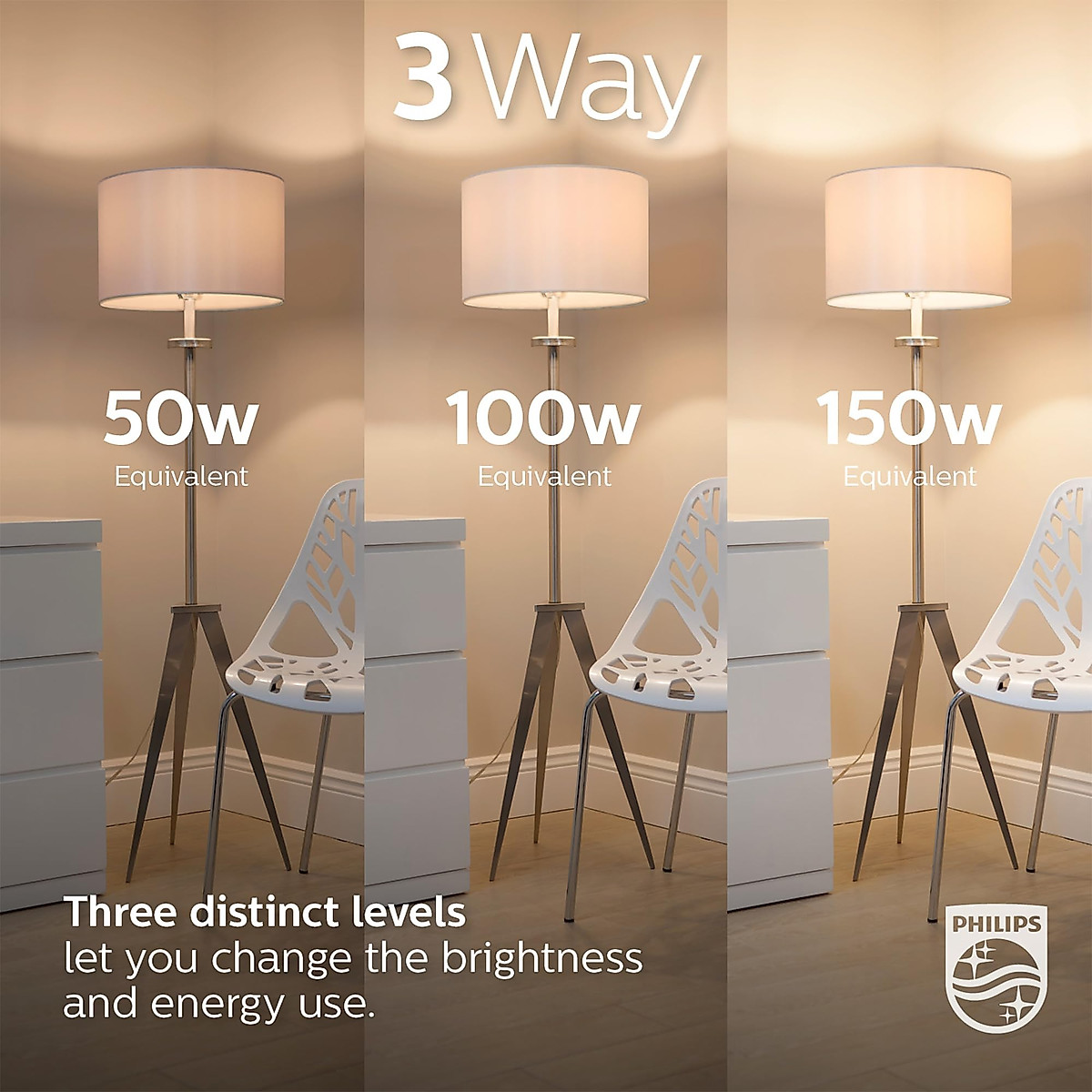 PHILIPS 40-Watt/60-Watt/100-Watt Equivalent 3-Way A21 E26 LED Light Bulb Soft White 2700K (4-Pack)