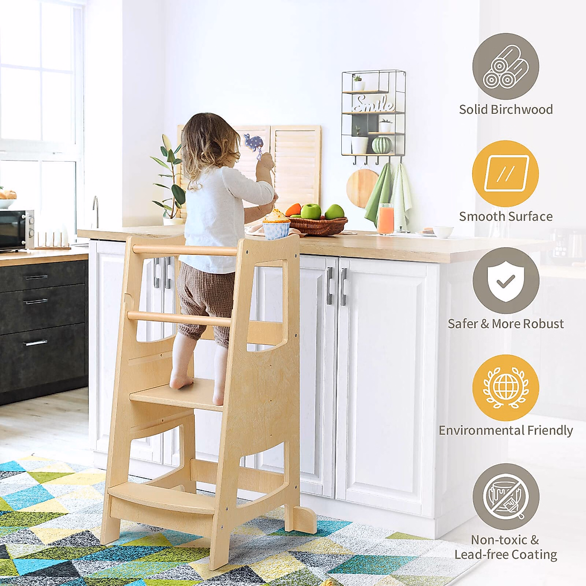 Toddler Step Stools for Kids, Toddler Tower Kids Step Stool with Safety Rail, 3 Heights Adjustable Toddler Kitchen Stool Helper, Kids Toddler Stool for Kitchen Counter Bathroom, Wooden