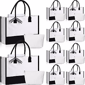 10 Pcs Canvas Tote Bags for Women Canvas Gift Bag with Makeup Bag Large Beach Tote Bag Reusable Blank Tote Bag for Bridesmaid Wedding Shopping Grocery Travel,15.7 x 11.8 x 6.7 Inch (Stripe Ribbon)
