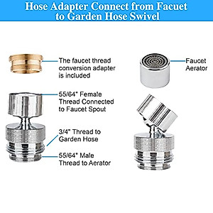 Swivel Faucet to Garden Hose Adapter Kit, Multi-Thread Garden Hose Adapter with Removal Faucet Aerator, 360-degree Swivel Faucet Adapter Connect Hose to Sink, Female Sink to Hose Faucet Adapter