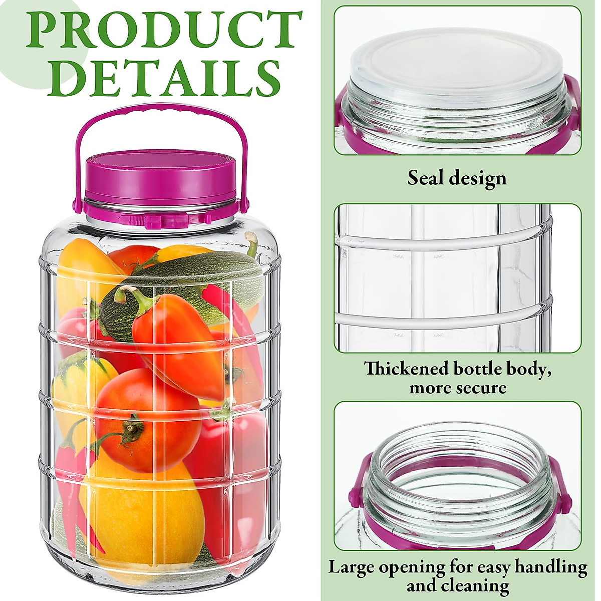 Bokon 2 Gallon Glass Jar with Lid and Handle Wide Mouth Airtight Dry Food Storage Pickling Mason Jar Glass Water Jug for Fermenting Sun Tea Kombucha Kefir Water Storing Canning (1 Pcs)