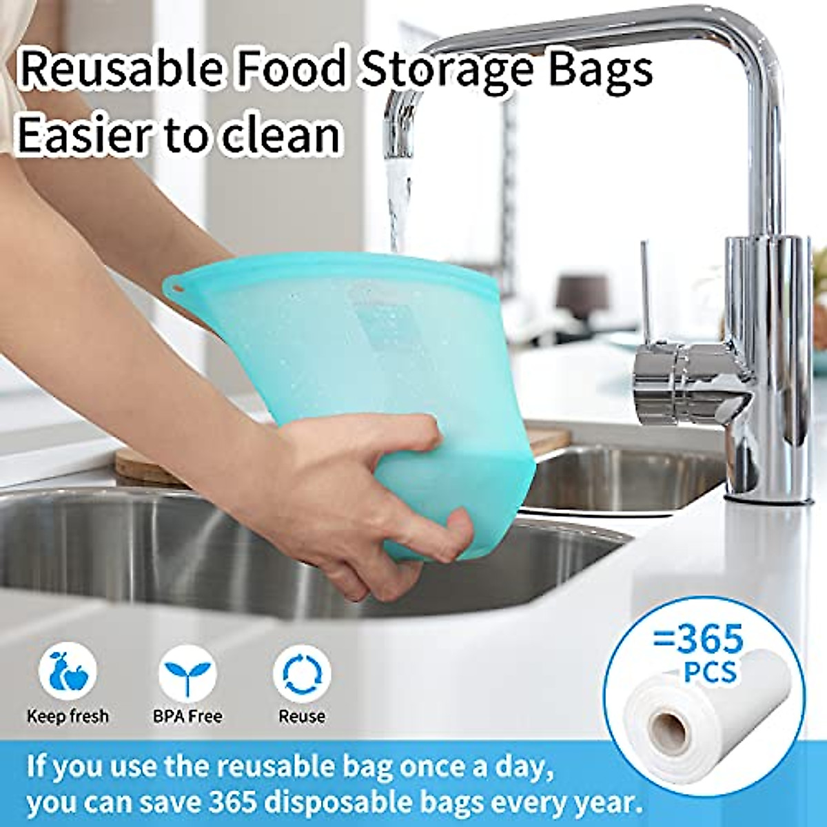 Reusable Silicone Food Storage Bags,Stand Up Leakproof Zip Containers,Reusable Sandwich Bags,Non-Toxic,BPA Free, Dishwasher Safe,Freezer-Safe,Easy to Clean（Set of 5）