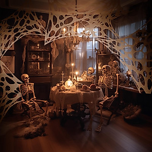 47.5 x 157.5In Spider Webs Halloween Decorations, 400Sqft Giant Stretchy Beef Netting Cut-Your-Own Spider Webbing Bulk with Fake Cobweb Spider, Landscape Stake for Garden Home Outdoor Halloween Décor