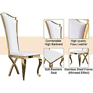 Goderfuu Dining Chairs Set of 6 - Kitchen Dining Room Chairs White Leather Dining Chairs with High Gloss Stainless Steel Gold Legs, Modern Dining Chairs Kitchen Chairs White Accent Chairs Side Chairs