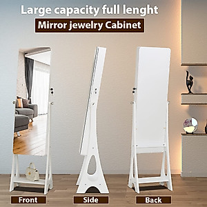 MASMIRE Standing Mirror With Jewelry Storage And Built-In Small Mirror - 63" H Lockable Full Length Mirror Jewelry Armoire, Mirror Jewelry Cabinet With 4 Drawers and Storage Shelf - White