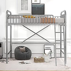Merax Twin Size Metal Loft Bed, No Box Spring Needed, Silver