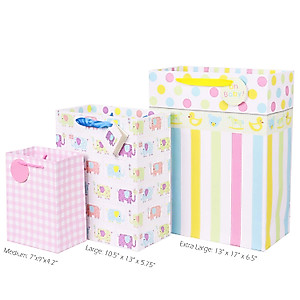 12 Pcs Baby Gift Bags, Large, Medium and Small Gift Bags Assortment for Baby Shower, Birthday, Parties, Baby Girl, and Baby Boy (Assorted Sizes)