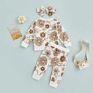 CIYCUIT 3Pcs Baby Girl Outfits Floral Sweatshirt + Pants + Headband Infant Fall Winter Clothes White 12-18 Months