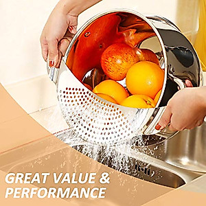 2 Pieces Pot Strainer with Handle Stainless Steel Colander Pasta Drainer Pan Pot Strainer with Recessed Hand Grips Suitable for Kitchen Pots and Pans Different Sizes up to 10 Inches