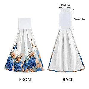 Butterflies Hanging Kitchen Towels Blue Flowers Floral Hand Towel 2PCS Dish Cloth Tie Towel Absorbent Oven Stove Washcloth with Loop for Bathroom Home Decorative