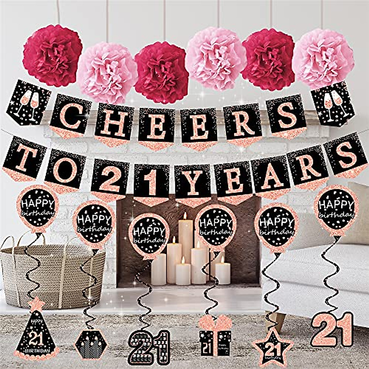 21st Birthday Decorations for her - (21pack) Cheers to 21 Years Rose Gold Glitter Banner for her, 6 Paper Poms, 6 Hanging Swirl, 7 Decorations Stickers. 21 Years Old Party Supplies Gifts for her