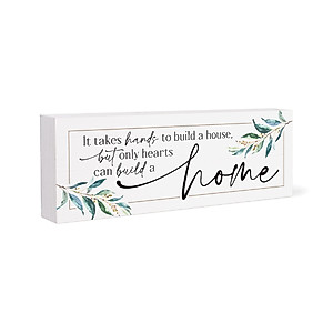 Hearts Build Home Classic White 10 x 3.5 Pine Wood Tabletop Block Sign