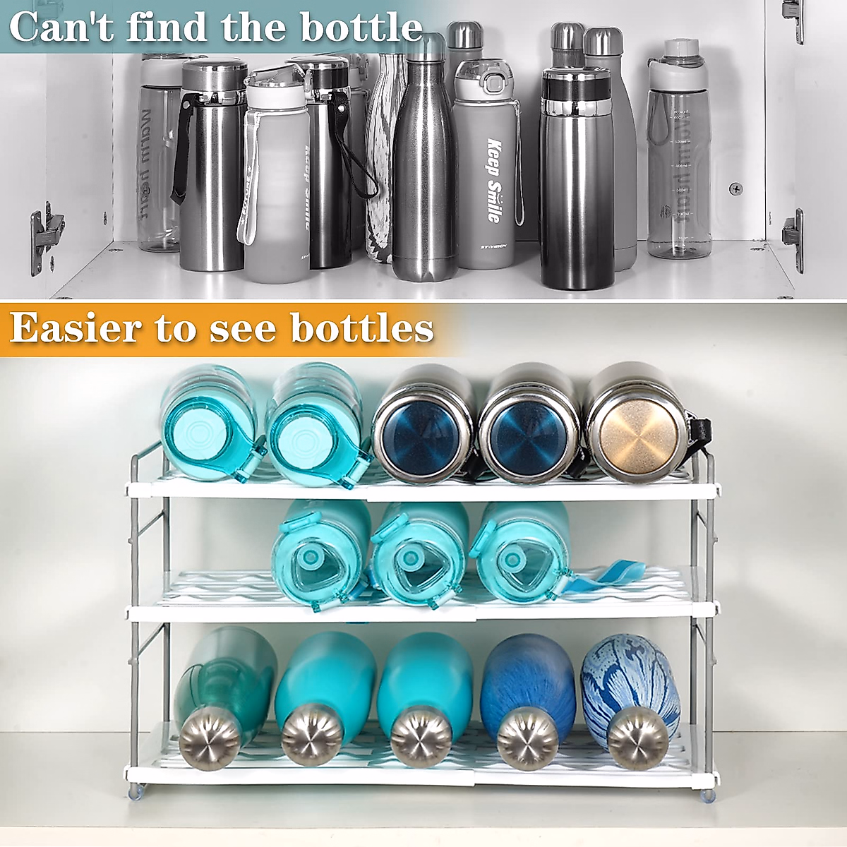 JUPELI Foil Organizer For Cabinet, Expandable Kitchen Wrap Organizer Rack & Water Bottle Organizer For Cabinet