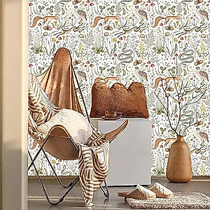 BEETAL Colorful Animal Forest Squirrel Owl Mushroom Leaf Peel and Stick Wallpaper Beige Easy Peel Off Self Adhesive Removable Stick on Wall Paper for Kitchen Renter Friendly