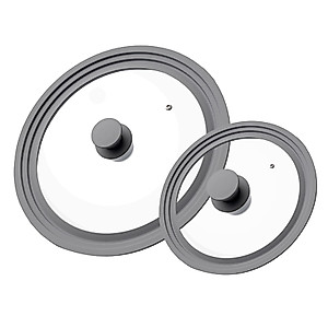 J&C LIFE Universal Lids for Pots, Pans & Skillets (2PCs, Grey) Fits 7-8.5, 10-12 Inch Frying Pan Skillet, Glass Pan Lids with Heat Resistant Silicone Rim, Pan Cover for Cast Iron Skillet Cookware