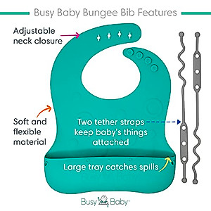 BUSY BABY Bungee Bib | Silicone Bib for Babies & Toddlers with Tethers | Attach Utensils and Keep Them Off The Floor | Dishwasher Safe, BPA Free (Spearmint)