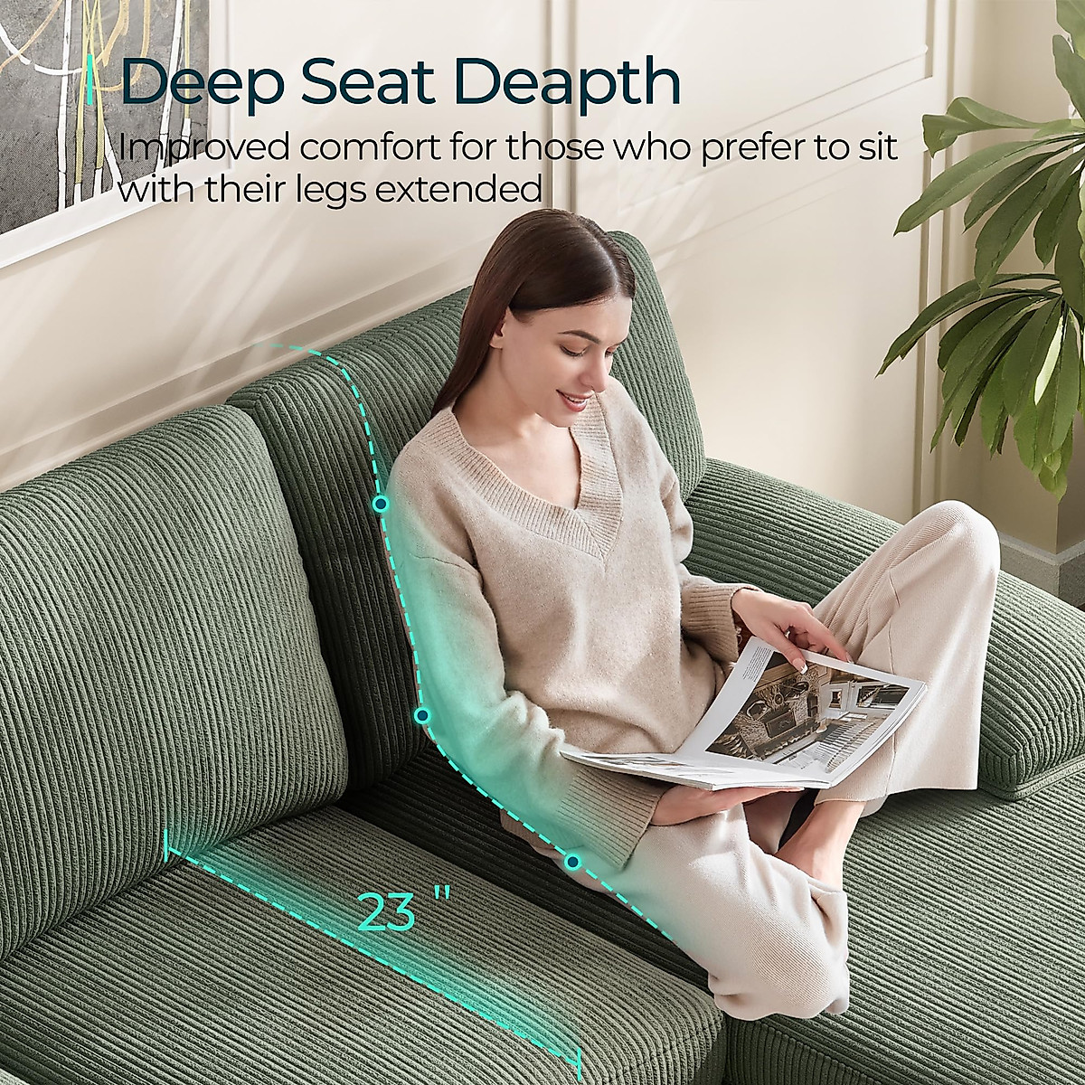 LINSY HOME U Sectional Couch, 111'' W Corduroy Sofa with Sleepable Armrests, 4 Seat Couch with Double Chaises, Deep Sofa for Living Room, Army Green