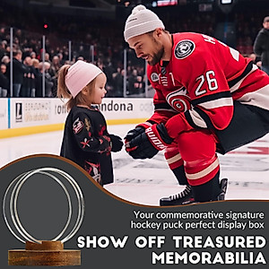 JupDec Hockey Puck Display Case Acrylic Clear Holder with Wood Base, Autograph Souvenir Display Stand, Perfect Showcase for Your Collection, Brown, 1 Pack