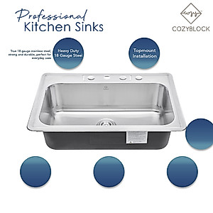 CozyBlock 33 x 22 x 9 Inch 60/40 Offset Top-mount/Drop-in Stainless Steel Double Bowl Kitchen Sink with Strainer and Protective Bottom Grid - 18 Gauge Stainless Steel-3 Faucet Hole