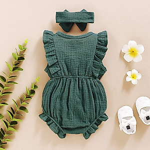 Renotemy Infant Romper Baby Girl Cotton Linen Outfits Short Sleeve Jumpsuits One-Piece Bodysuit Baby Girl Clothes 3-6 Months
