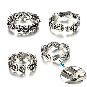 lauhonmin 3pcs S925 Sterling Silver Open Rings Set Finger Ring Joint Ring Toe Ring Beach Jewelry Gifts for Women Adjustable (Style B)