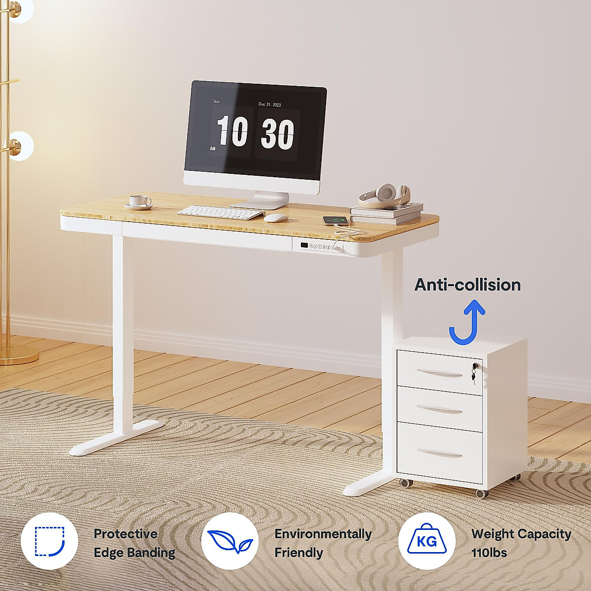 FLEXISPOT Comhar Electric Standing Desk with Drawer Desktop & Adjustable Frame w/USB Charge Ports (Bamboo Texture/White, Wood)
