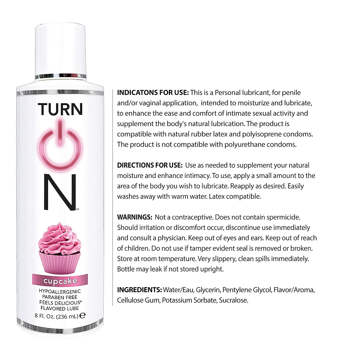 Turn On Cupcake Flavored Sex Lube 8 Ounce Premium Personal Lubricant - Long Lasting, Condom Safe, Vegan, Ph Balanced, Hypoallergenic & Paraben Free, Gel Lube for Men, Women, & Couples