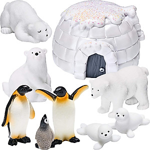 9 Pieces Polar Animal Toy Figurines Set with Igloo Realistic Polar Bear Figures Emperor Penguin Figurines Seal Figure Toys for Birthday Baby Shower Christmas Party Decoration Supplies
