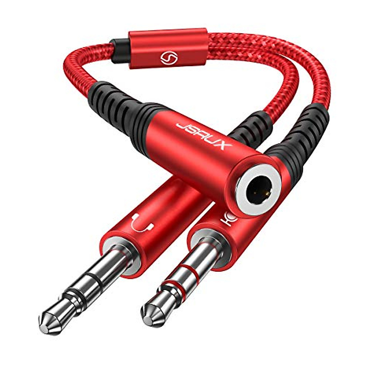 JSAUX Headset Splitter Cable for PC, 3.5mm Headphone Splitter Mic and Audio Y Splitter Jack, Female to 2 Male Adapter for Game-Red