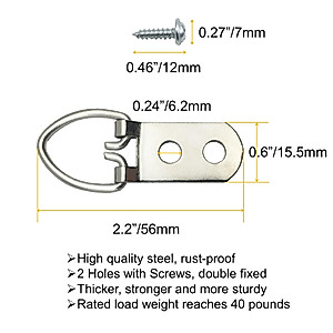 EesTeck 20 Pack D-Ring Steel Picture Hangers Heavy Duty with Screws Picture Frames Double Holes Clasp Picture Hang Solutions, for Hanging Clock Paintings Artwork Picture Frame Hook Photos Mirrors