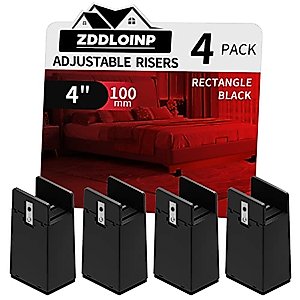 ZDDLOINP Bed Risers with Adjustable Screw Clamp, Fits Thickness of Furniture Frame from 0 to 1.5 Inch, Elevation in Heights 4" Heavy Duty Risers for Table Cabinet Support up to 5000lbs (4Pack, Black)