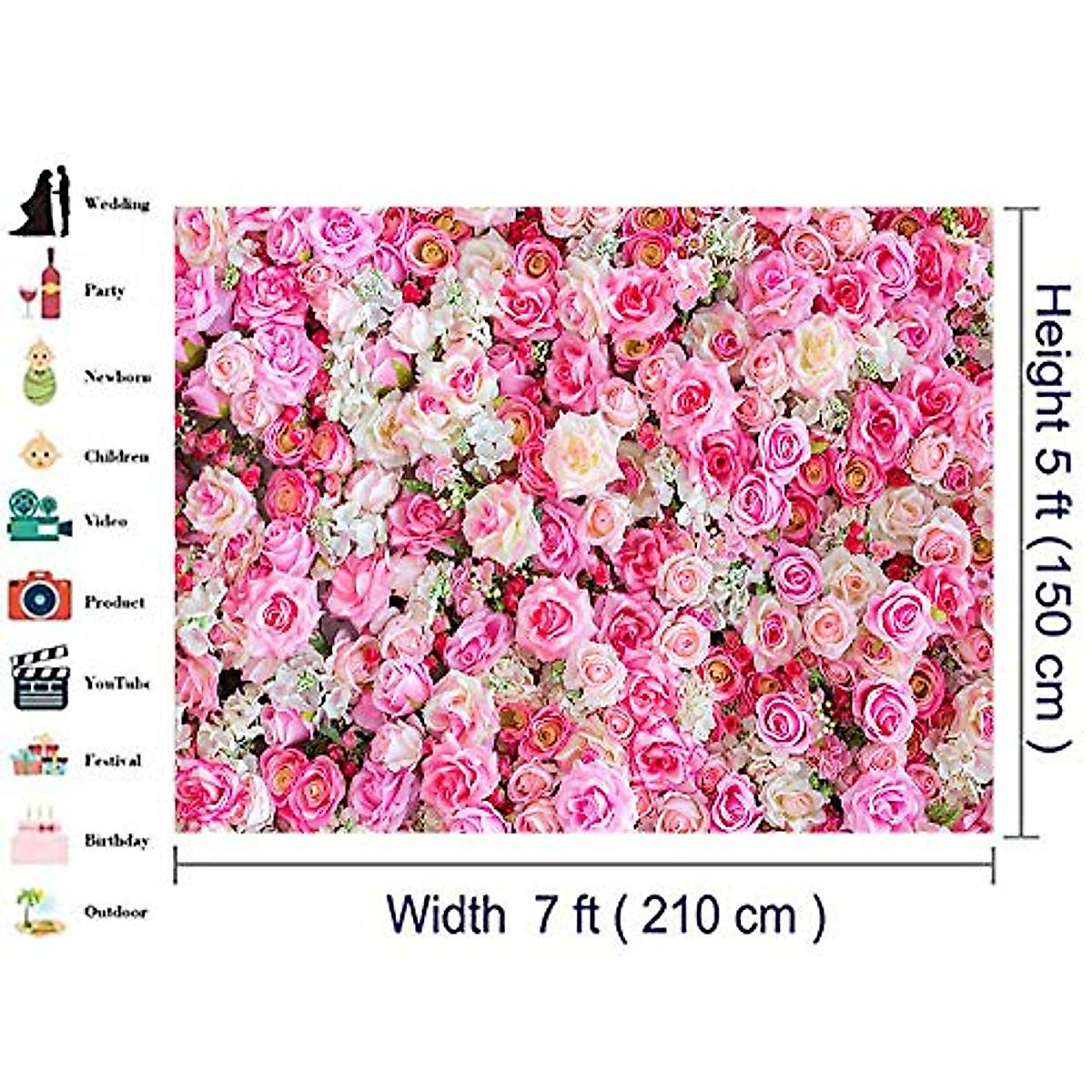 Pink Red Rose Flowers Theme Photography Backdrops 7x5ft Baby Shower Wedding Happy Birthday Day Photo Background Dessert Cake Table Decoration Supplies Studio Props Banner Vinyl